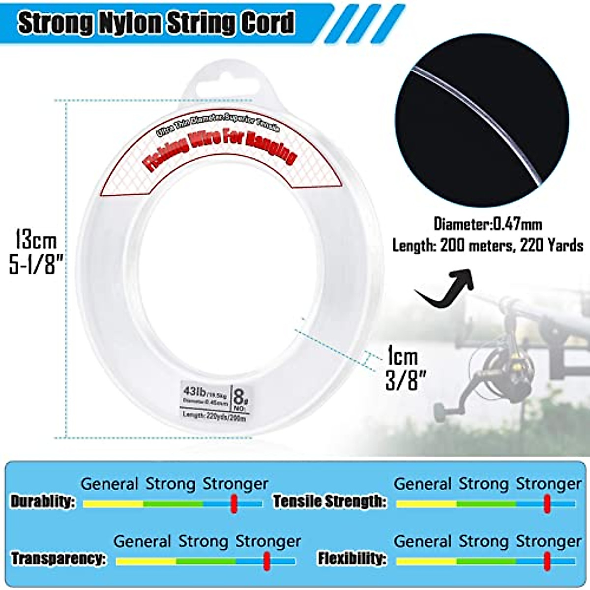 Clear Fishing Wire, Acejoz 656FT Fishing Line Clear Invisible Hanging Wire Strong Nylon String Supports 43 Pounds for Balloon Garland Hanging Decorations