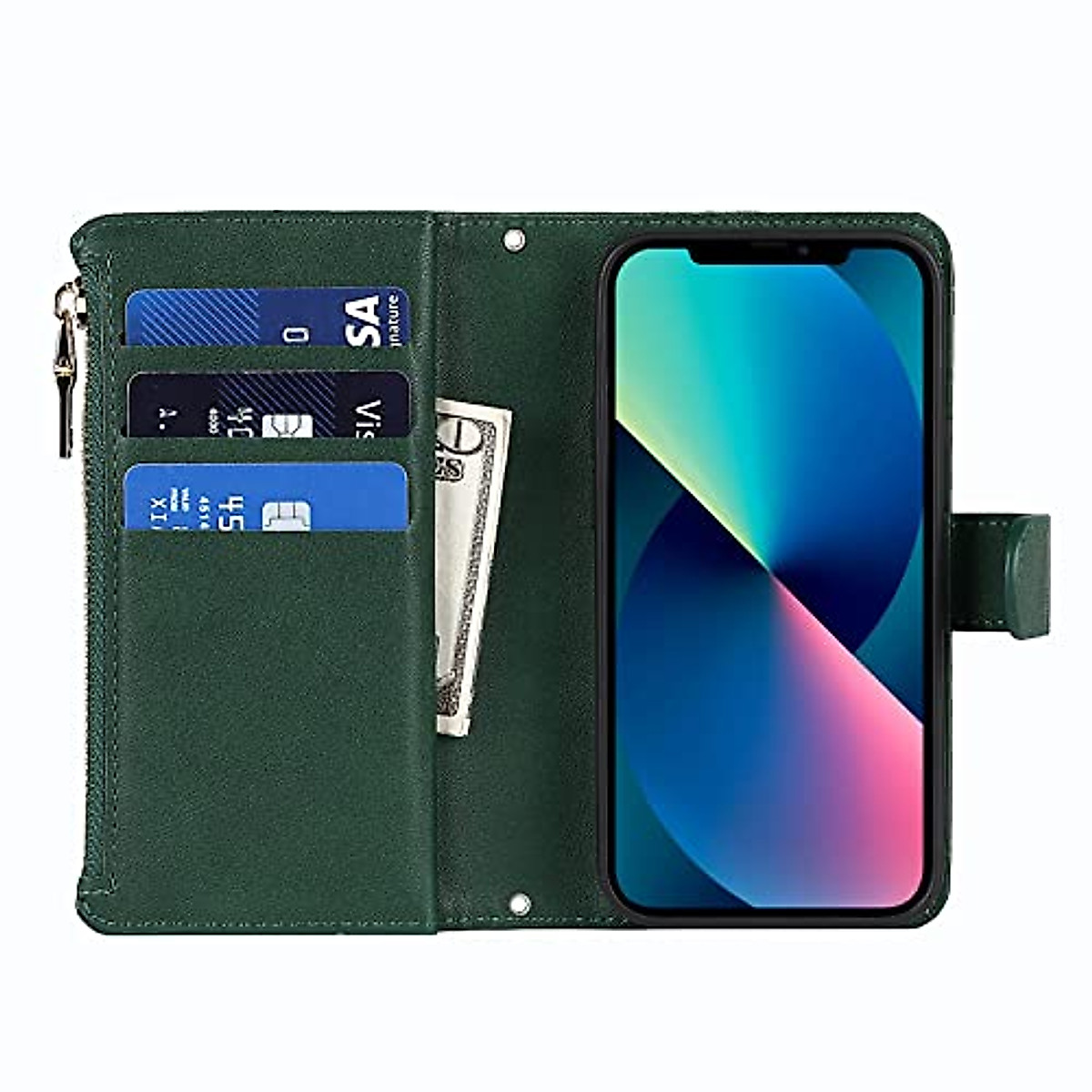 Jaorty for iPhone 13 Mini Phone Wallet Case with Card Holder, Crossbody Strap, Zipper Pocket, PU Leather, Dark Green