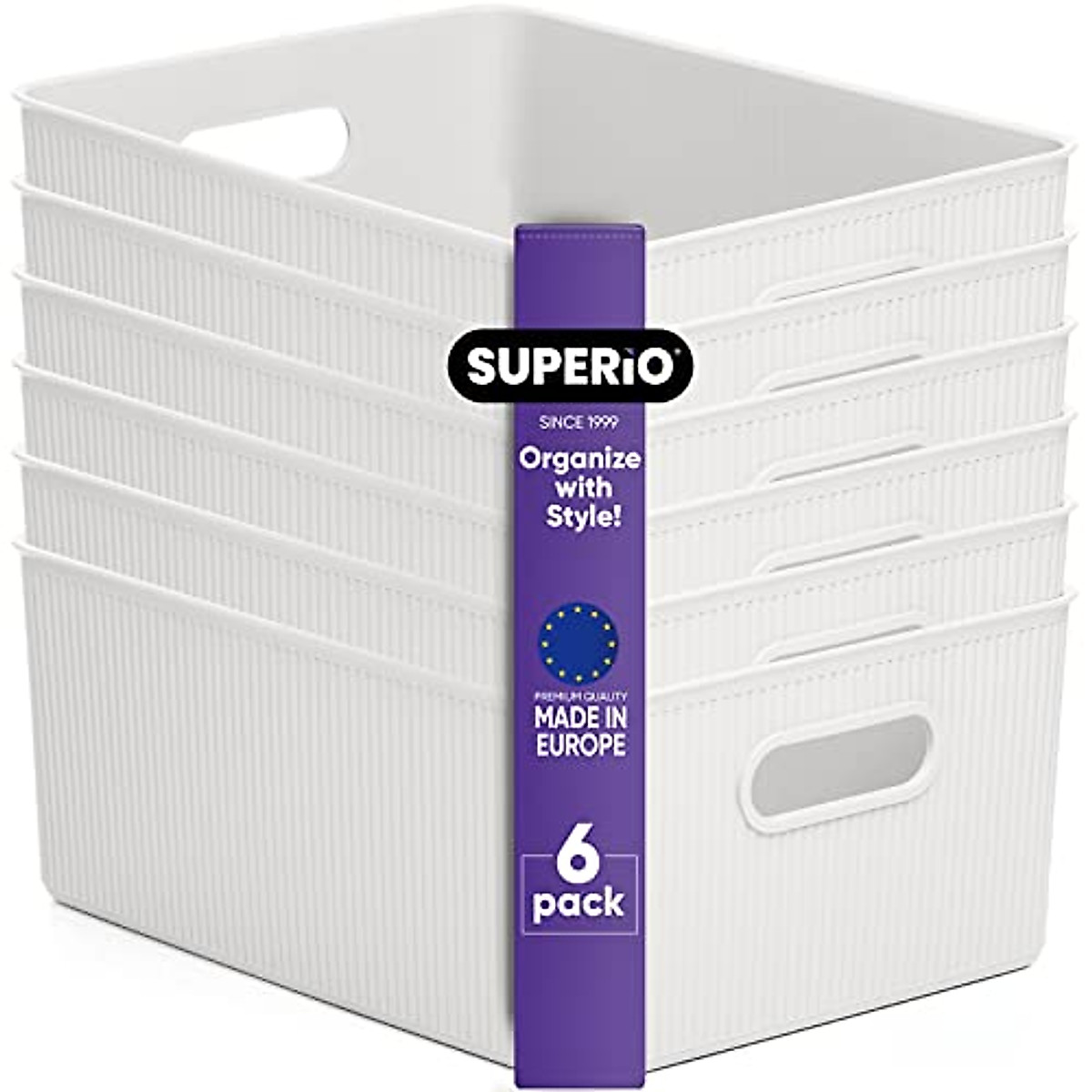 Superio Ribbed Collection - Decorative Plastic Open Home Storage Bins Organizer Baskets, Large White (6 Pack) Container Boxes for Organizing Closet Shelves Drawer Shelf 15 Liter/16 Quart