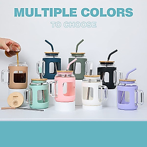 VOKOVO 32oz Glass Tumbler with Bamboo Lid and Straw, Glass Water Bottles with Time Marker, Iced Coffee Cup with Handle, Two Straw - Boba Straw & Drinking Straw Silicone Protective Sleeve-White