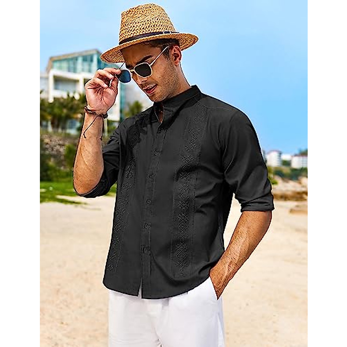 COOFANDY Mens Casual Button Up Shirt Cuban Beach Shirt Band Collar Summer Shirt, Black, X-Large, Long Sleeve