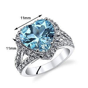 PEORA Swiss Blue Topaz Signature Heart Ring for Women 925 Sterling Silver, Natural Gemstone Birthstone, Large 5.25 Carats Heart Shape 11mm, Size 7