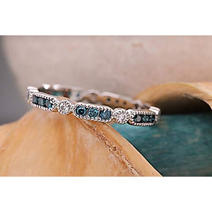 Dazzlingrock Collection Round Blue & White Diamond Miligrain Edge Wedding Eternity Band for Women in 14K White Gold, Size 7