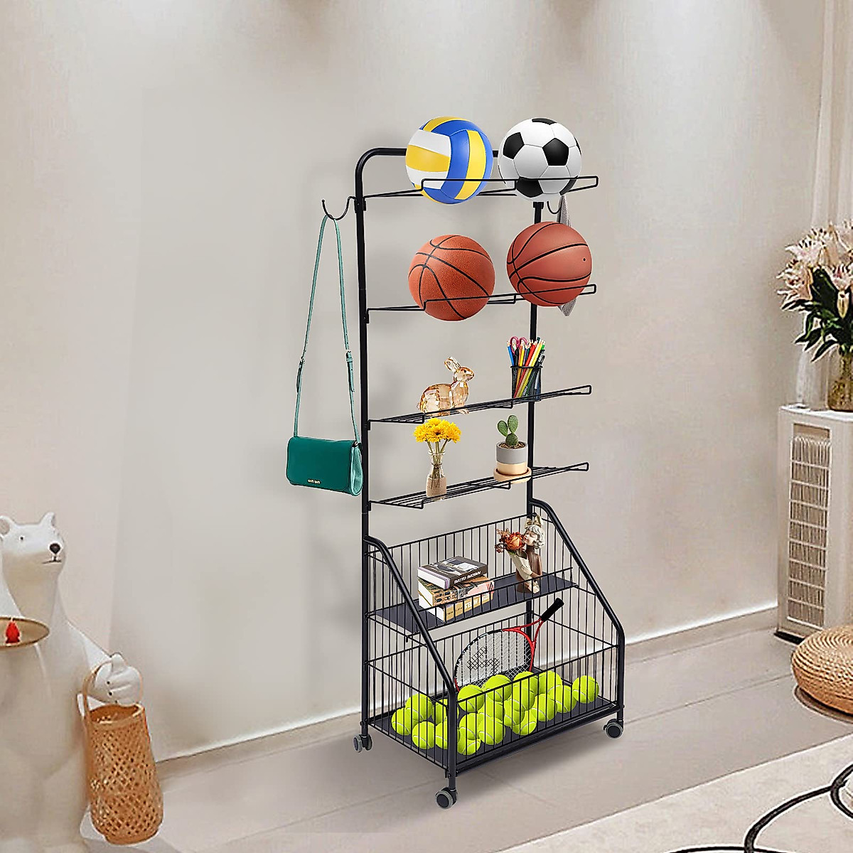 CNCEST 36.1x16.54x46.5inch Movable Sports Ball Storage Organizer, Sports Equipment Rack,2 Hooks+2 Storage Bins +4 Wire Basket Garage Glove Holder,for Garage/Storage Room
