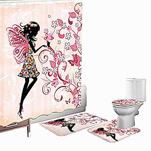 Amagical 16 Piece Girls Shower Curtain Set Bathroom Mat Set Fairy Decor Bath Mat Contour Mat Toilet Cover Pink Butterflies and Flowers Beautiful Glamour Girl with Colorful Floral Dress Angel Wings