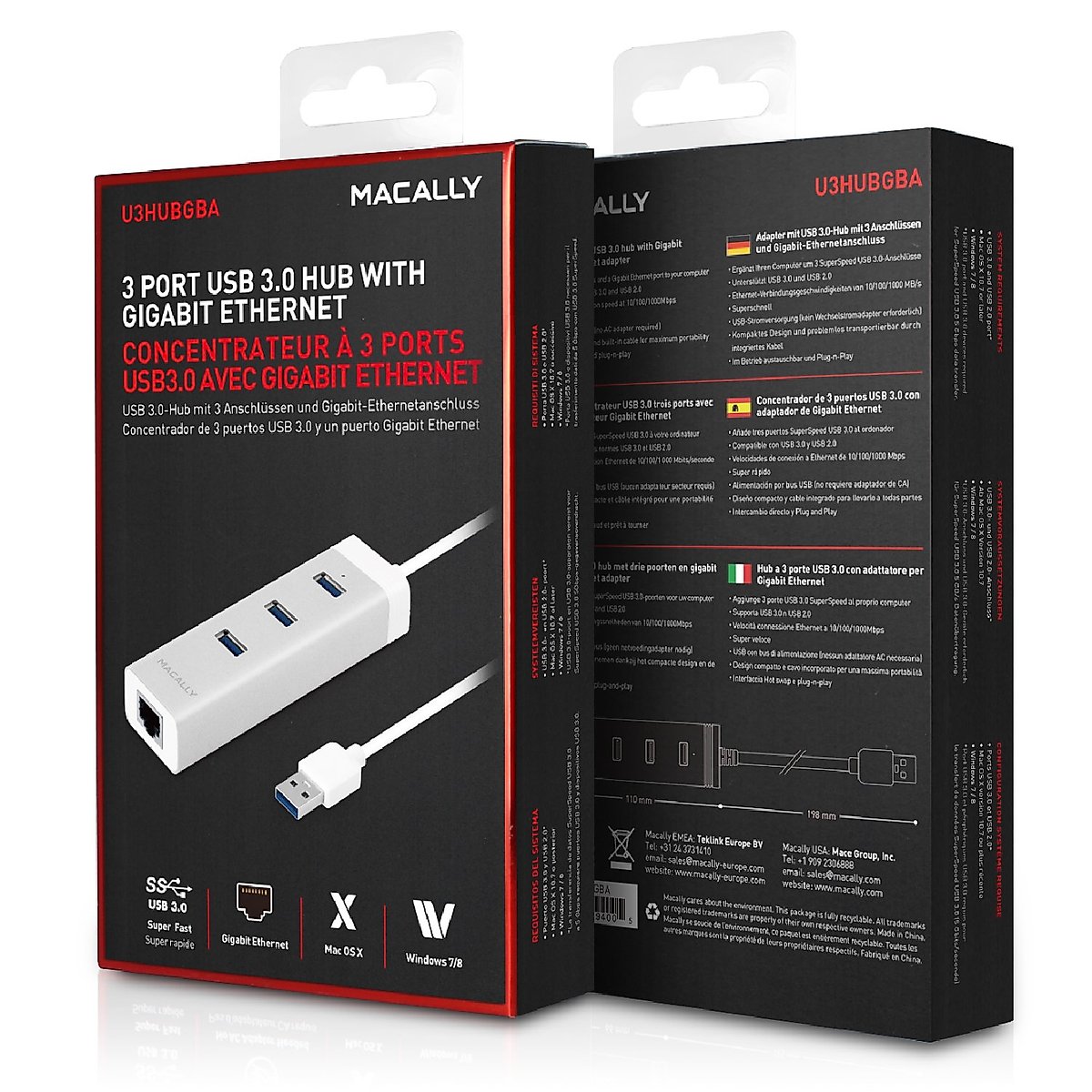 Macally 3-Port USB 3.0 Portable Data Hub with Ethernet Network Lan Adapter for Macbook Pro / Air, Mac Pro / mini, iMac, XPS, Surface Pro, Notebooks, Desktop PCs, USB Flash Drives, etc. (U3HUBGBA)