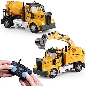 Force1 Mini Construction RC Trucks for Kids - 2 Pack Remote Control Toy Trucks Set with Mini Scoop RC Truck, Mini Cement Mixer Toy Truck 2.4GHz Remote Controls Bright LEDs and RC Toy Batteries Yellow