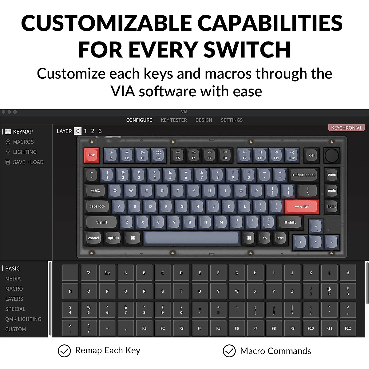 Keychron V1 Wired Custom Mechanical Keyboard Knob Version, 75% Layout QMK/VIA Programmable with Hot-swappable Keychron K Pro Red Switch Compatible with Mac Windows Linux (Frosted Black-Translucent)