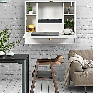 WATERJOY Storage Chests,Wall Foldable Cabinets,Hideaway Storage with Drawer,Small Folding Hanging Storage Cabinets Working Table Computer Desk Dining Desk Vanity Table for Home,Office White