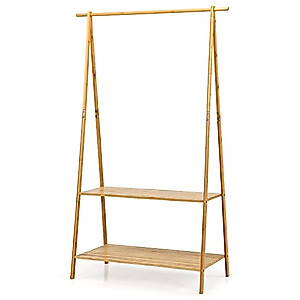 Giantex 2-Tier Bamboo Clothing Rack, 5.3Ft Freestanding Clothes Organizer Rack with Anti-tipping Devices, Cloth Hanger Standing Rack with Bottom Storage Shelves, Garment Racks for Hanging Clothes