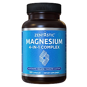 Zentastic 4-in-1 Magnesium Complex - Chelated Magnesium Glycinate, Malate, Taurate & Lactate - High Absorption for Nerves, Immune, Bones, Muscles - Magnesium Supplement - 120 Magnesium Capsules