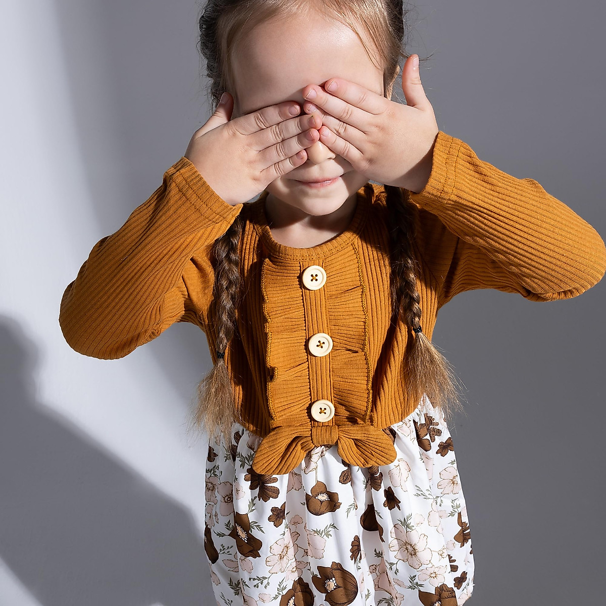 PATPAT Baby Toddler Floral Print Bowknot Dress Colorblock Round Neck Long sleeves Fall Dress for Girls 5-6 Years