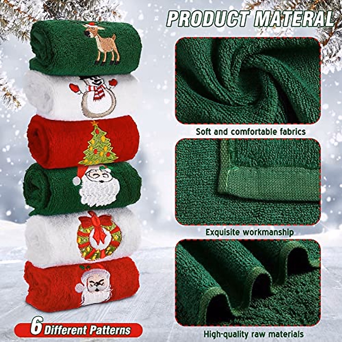 6 Pieces Christmas Decorative Hand Towels Embroidered Santa Reindeer Snowman Christmas Tree Dish Towels Soft Green Red White Fabric Bathroom Towels for Home Kitchen Bathroom Cleaning (Classic Style)