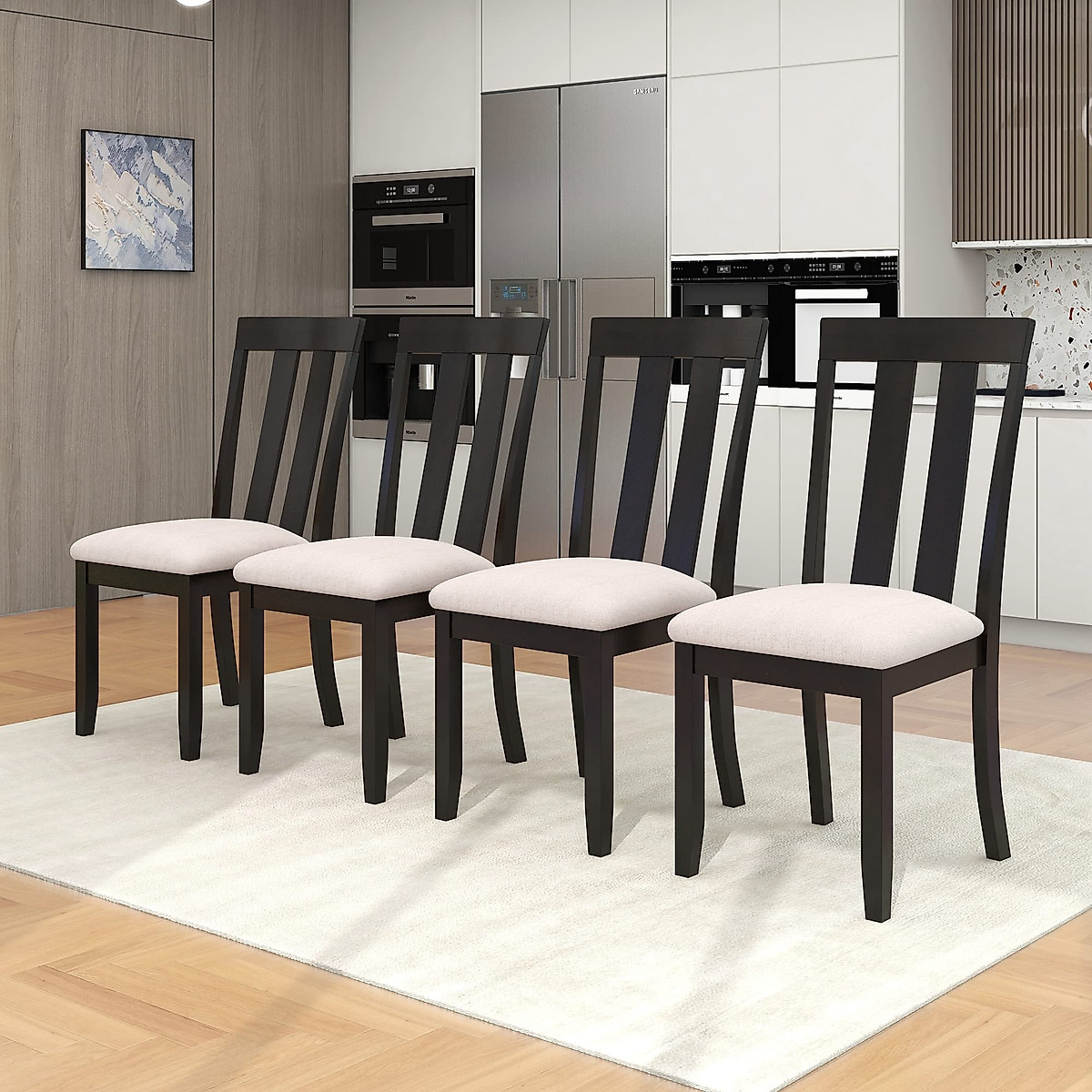 KoiHome Set of 4 Seat Cushions and Curved Back, Soft Fabric Chairs with Solid Wood Legs for Indoor Dining Room, Restaurant, Kitchen, Veneer Birch Finish (Espresso)