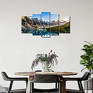 Wall Art Decor Poster Painting On Canvas Print Pictures 5 Pieces Moraine Lake And Mountain Range Sunset Canadian Rocky Mountains Landscape Framed Picture For Home Decoration Living Room Artwork