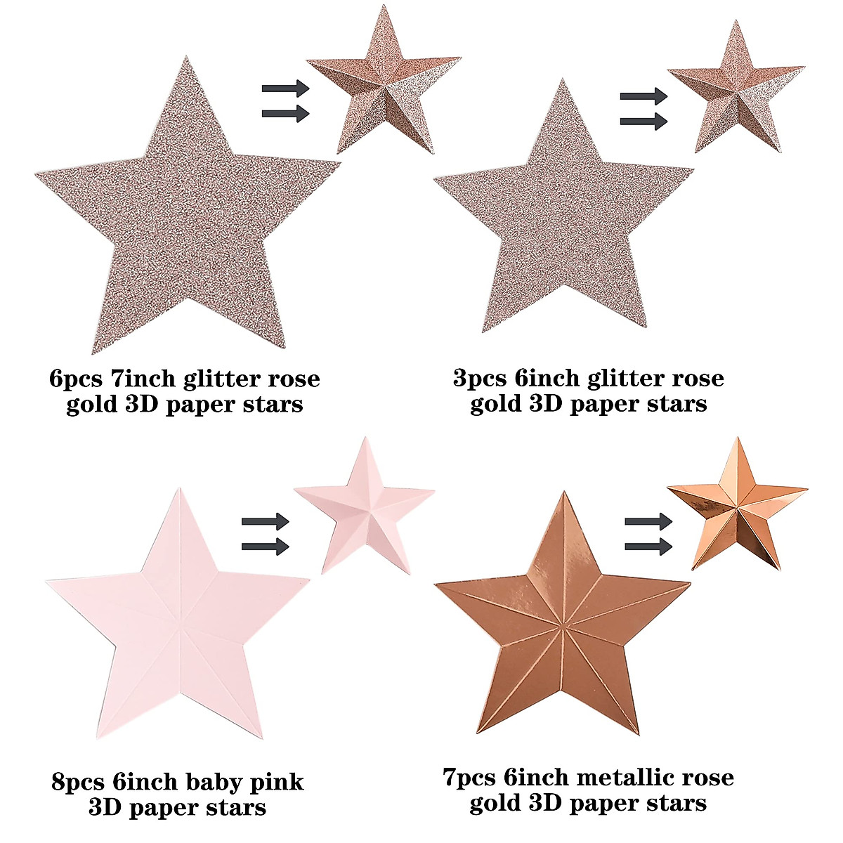 Tenshun 24pcs Reusable Paper Star Wall Decor, Rose Gold, Metallic, Baby Pink for Nursery, Bedroom Decor