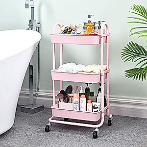 TOOLF Utility Rolling Cart with Lockable Wheels,Multi-Purpose Storage Organizer,Organizer Trolley with Handles,Serving Trolley with Mesh Basket for Home,Office,Kitchen,Bathroom (Pink)