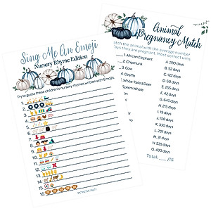 Blue Little Pumpkin Baby Shower Party Games - Animal Pregnancy and Emoji Picture Guessing Game (2 Game Bundle) - 20 Dual Sided Cards, Fall Baby Shower