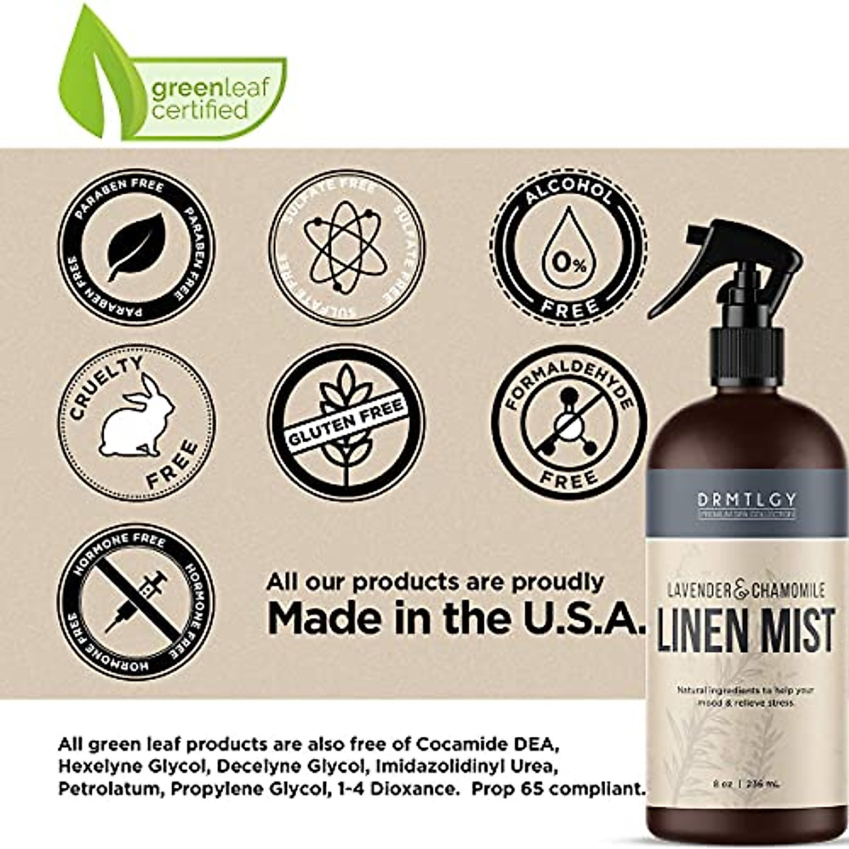 DRMTLGY Natural Green Tea Linen and Room Spray. Pure Essential Oils for a Pillow Spray, Linen Mist, and Fabric Spray. Aromatherapy Spray for Relaxation and Sleep