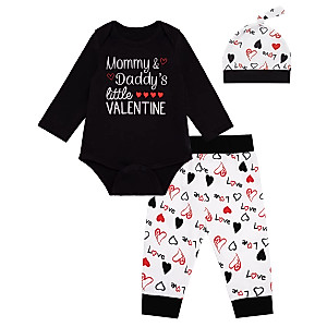 LENSOUS Newborn Infant Baby Boys Girls Mommy&Daddy's Little Valentine Outfits Romper Pants Set（Black,6-12Months）
