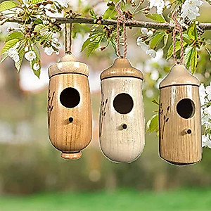 3Pcs Hummingbird House, Wooden Hummingbird House for Outside Hanging, Cute Humming Bird Nest with Hemp Ropes, Hanging Bird Houses for Outdoor Garden Home Decor, Nesting Birdhouse Nature Lovers Gift(B)