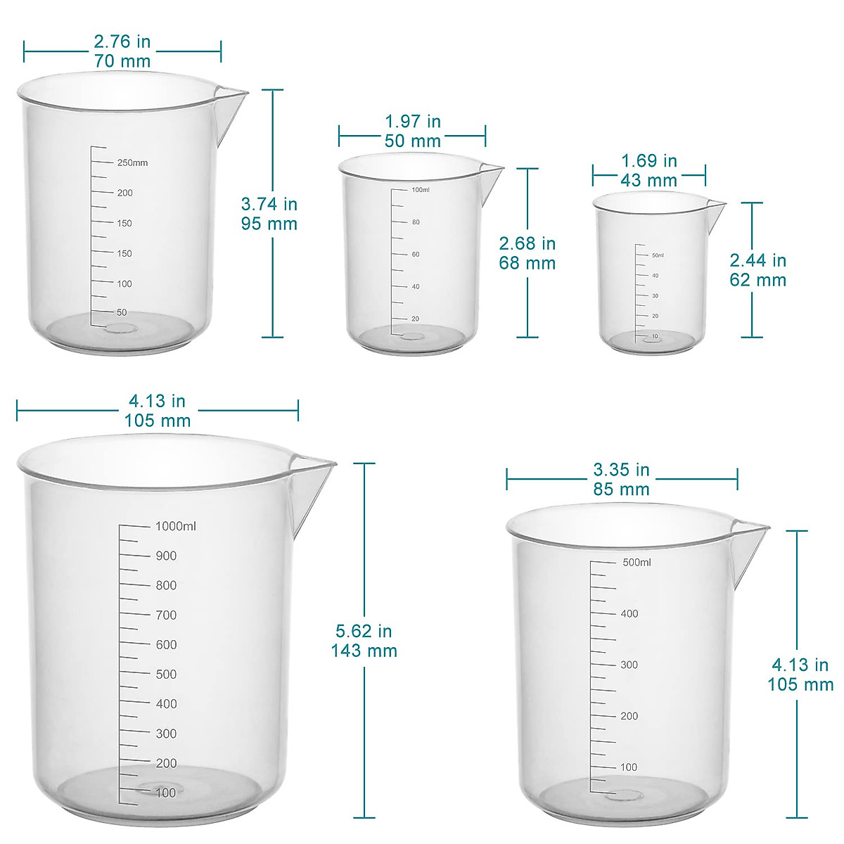 stonylab Plastic Beaker Set, Clear Plastic Graduated Beaker with Pouring Spout Measuring Beaker Set Liquid Cup Container in 5 Sizes, 50 ml/100 ml/250 ml/500 ml/1000 ml (1 L), Combo Pack