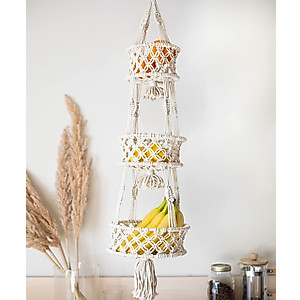 SnugLife Macrame 3 Tier Hanging Basket - Space Saving Hanging Fruit Basket for Kitchen or Decorative Boho Decor Hanging Plant Holder - Use for Produce Baskets, Indoor Planter Hangers, 42 Inches Beige