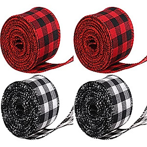 4 Rolls White Red Wired Edge Ribbon Christmas Plaid Ribbon and Burlap Craft Ribbon for DIY Wrapping Party Crafts Decor (4, White Red)