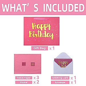 13" Large Pink Gift Bag Set with Greeting Card and Tissue Papers (Stars and Gold Foil ‘Happy Birthday’) for Women's Party, Girls' or Kids' Birthday Parties, Baby Girl, Baby Shower - 13”x5.2”x10.2”, 1 Pcs.