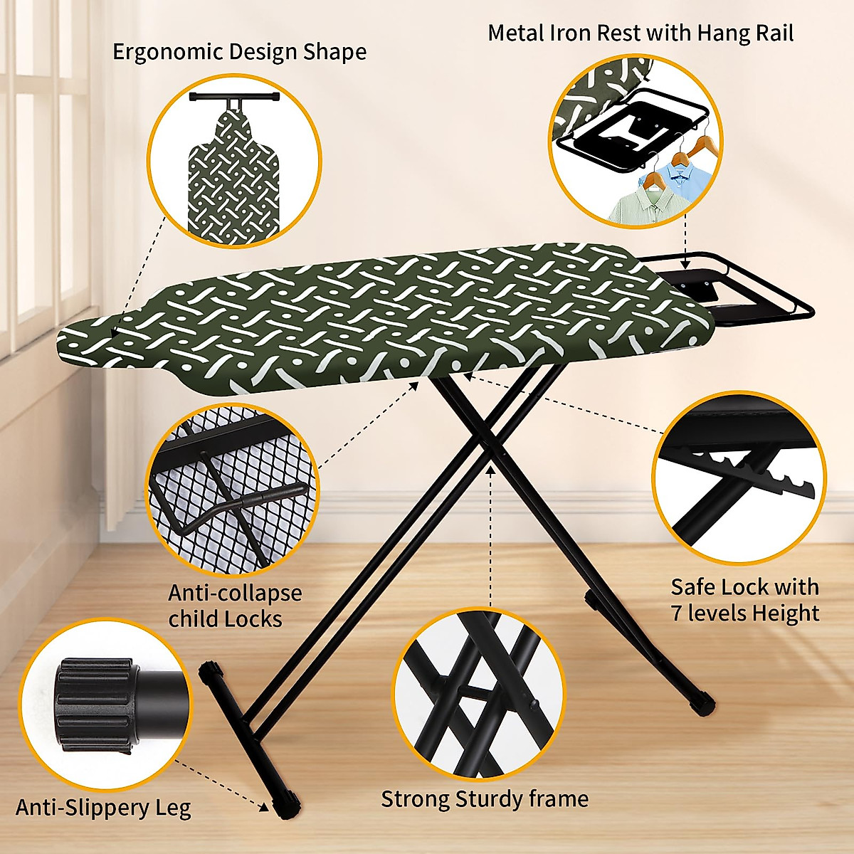 SLIETON Extra Large Ironing Board with Large Hang Rail and Iron Rest in 63" L x 20" W (with Iron Rest)