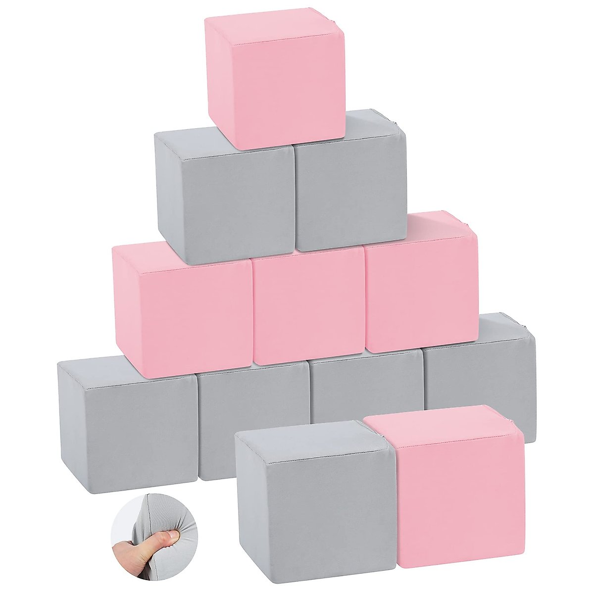 TRENDBOX 12 Pcs Toddler Foam Blocks, 5.5inch Soft Foam Cubes Blocks with Detachable Washable Cover, Soft Play Blocks for Toddlers and Kid （Light Gray & Pink）