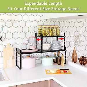 Across-Star Expandable Cabinet Shelf Organizer Rack, Stackable Kitchen Counter Storage Shelves Stand, Adjustable Height Pantry Shelf Spice Rack (Black, 2 Pack)