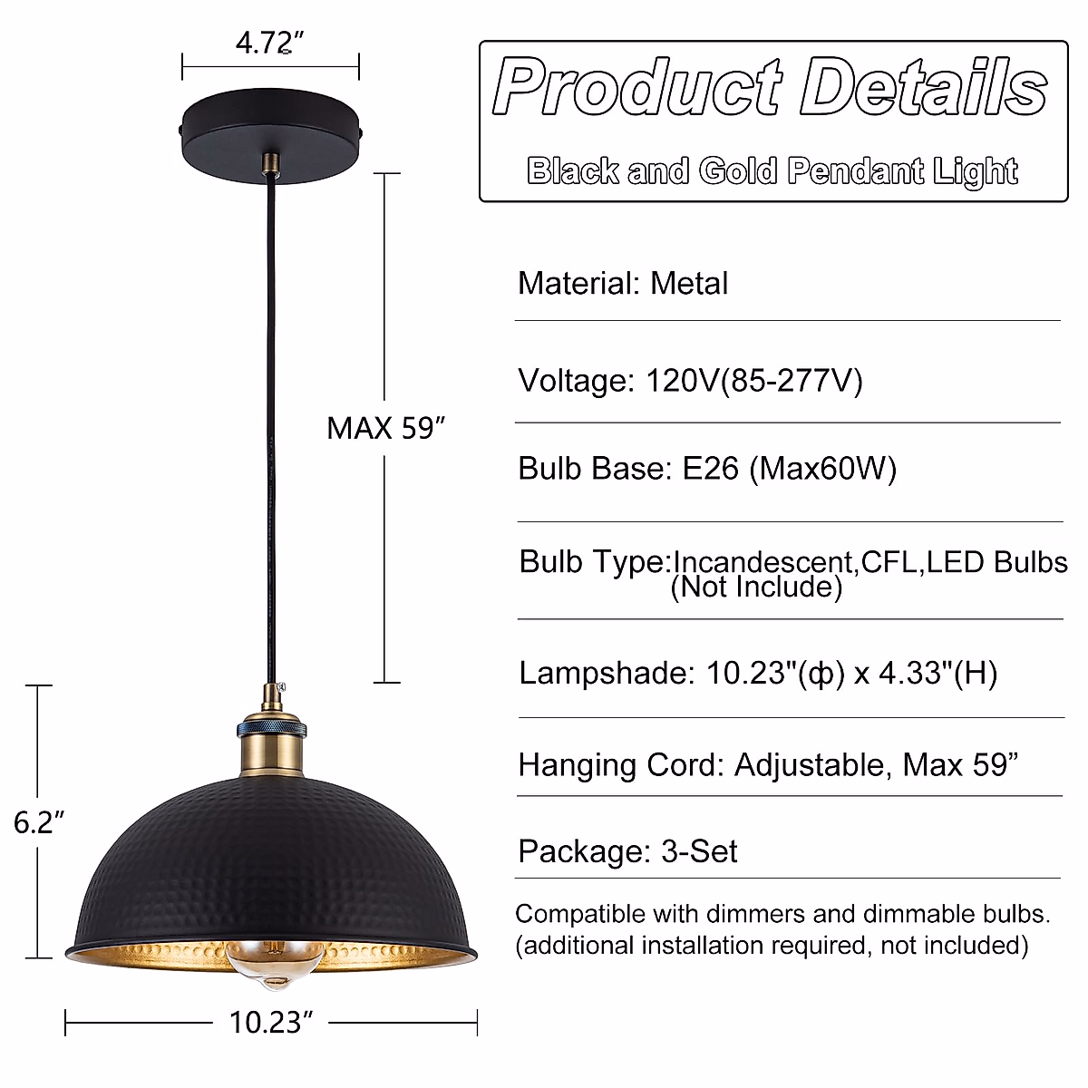 ElesiLuce Industrial Black Gold Pendant Lights 3-Pack Vintage Mini Dome Pendant Light Fixtures with Golden Finish 10“ Rustic Farmhouse Black Pendant Lights for Kitchen Island, Dining Room, Bedroom