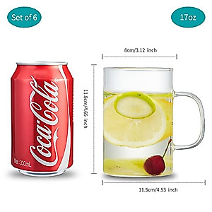 500ml/17 oz Glass Cups with Colored Handle, Clear Coffee Mugs for Latte, Cappuccino, Espresso Coffee, Tea and Hot & Cold Beverages, Mug Set of 6, Refrigerator, Dishwasher & Microwave Safe
