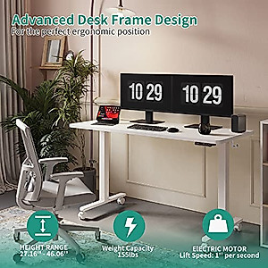 EleTab Standing Desk, 40 x 24 Inch Electric Stand up Height Adjustable Home Office Table, Sit Stand Desk with Splice Board, White Frame & White Desktop