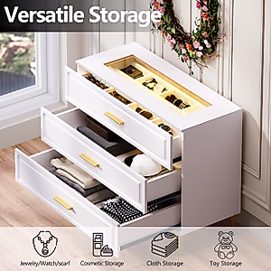 GLAUBIO Dresser for Bedroom,Jewelry Organizer with Glass Top,3 Drawer Dresser Organizer Drawer Cabinet,Small Dresser Gold Metal Legs, White