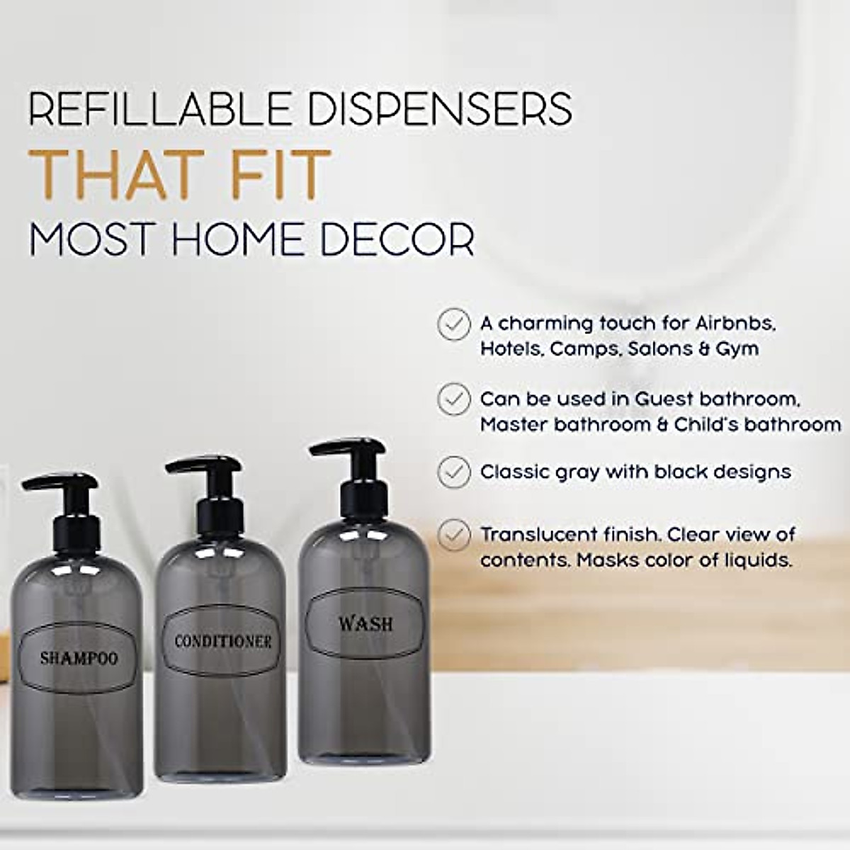 Bottiful Home-16 oz. Gray Plastic Shampoo, Conditioner, Wash, Hands, Dishes Refillable Reusable Shower & Kitchen Bottles-Black Lotion Pumps-2 Twist-on Funnels for Hands-Free Refills-Bundle