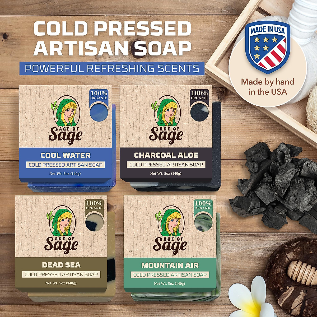 Natural Bar Soap for Men - Vegan Bath Soap Bars Gift Set - Handmade Cold Process Artisan Soap with Essential Oil, Aromatic All Moisturizing Wash Soaps, Fragrant Macho Scent by Age of Sage (4 Pack)