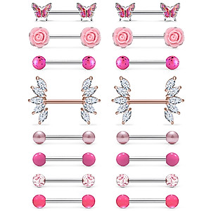 Msndnkwo Nipple Rings for Women Nipple Piercing Jewelry 14G Surgical steel Cubic zircon 14mm Silver/Pink/Purple/Rose Gold 8 Pairs Barbell Body Piercing Jewelry