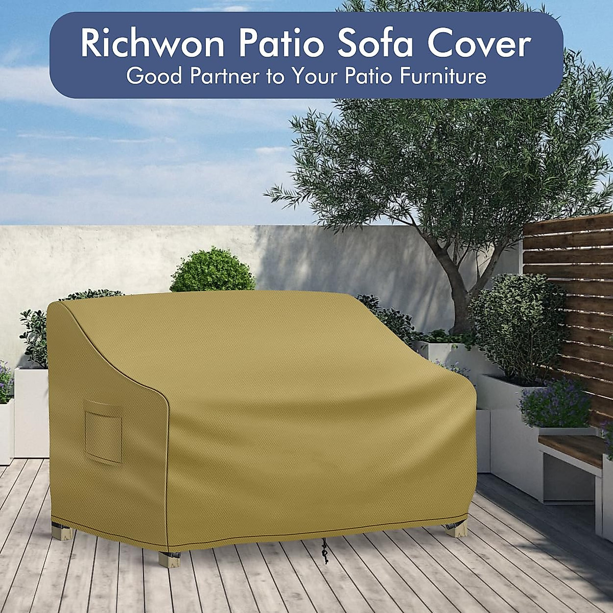Richwon Patio Loveseat Cover Waterproof, 2-Seater Outdoor loveseat Cover, Patio Furniture Covers with Air Vent and Handles, 60W x 34D x 30H Inches, Khaki