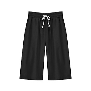 SMIDOW Jean Shorts with Rhinestone Fringe Shorts for Women Bermuda Cotton Linen Knee Length Drawstring Pocket Shorts Pants Solid Long Shorts Below The Knee Black XL