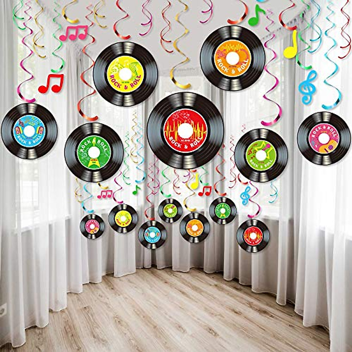 30 Pcs 1950's Rock and Roll Music Party Decorations Record Note Cutout Wall Decor Sign with Hanging Swirls Ceiling Decorations for 50's Theme Rock Music Short Video DJ Party Supplies 7 Inch