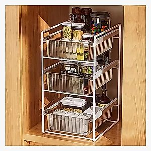 Atkits Clear Under Sink Organizers and Storage Under Sink Kitchen Organizer Pull Out 2-Tier Under Sink Cabinet Organizer with Sliding Storage Drawer,White,3 Tier
