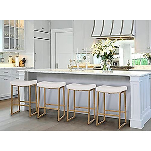 MAISON ARTS White & Gold Bar Stools Set of 4 Counter Height 24 Inches Saddle Stools for Kitchen Counter Backless Modern Gold Barstools Upholstered Faux Leather Stools Farmhouse Island Chairs