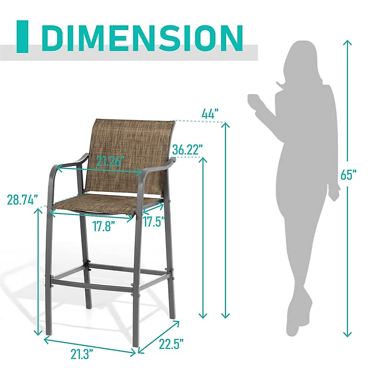 VredHom Outdoor Metal Bar Stools Patio Bar Stools Set of 2, Counter Height Chairs Steel Bar Chairs Lightweight Patio Furniture with Textilene, Armrest and Footrest,Brown