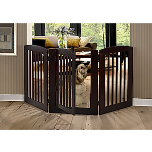 BarkWood Pets Freestanding Pet Gate with Walk-Thru Door and Three 24"W x 24"H Folding Wood Panels, Cappuccino