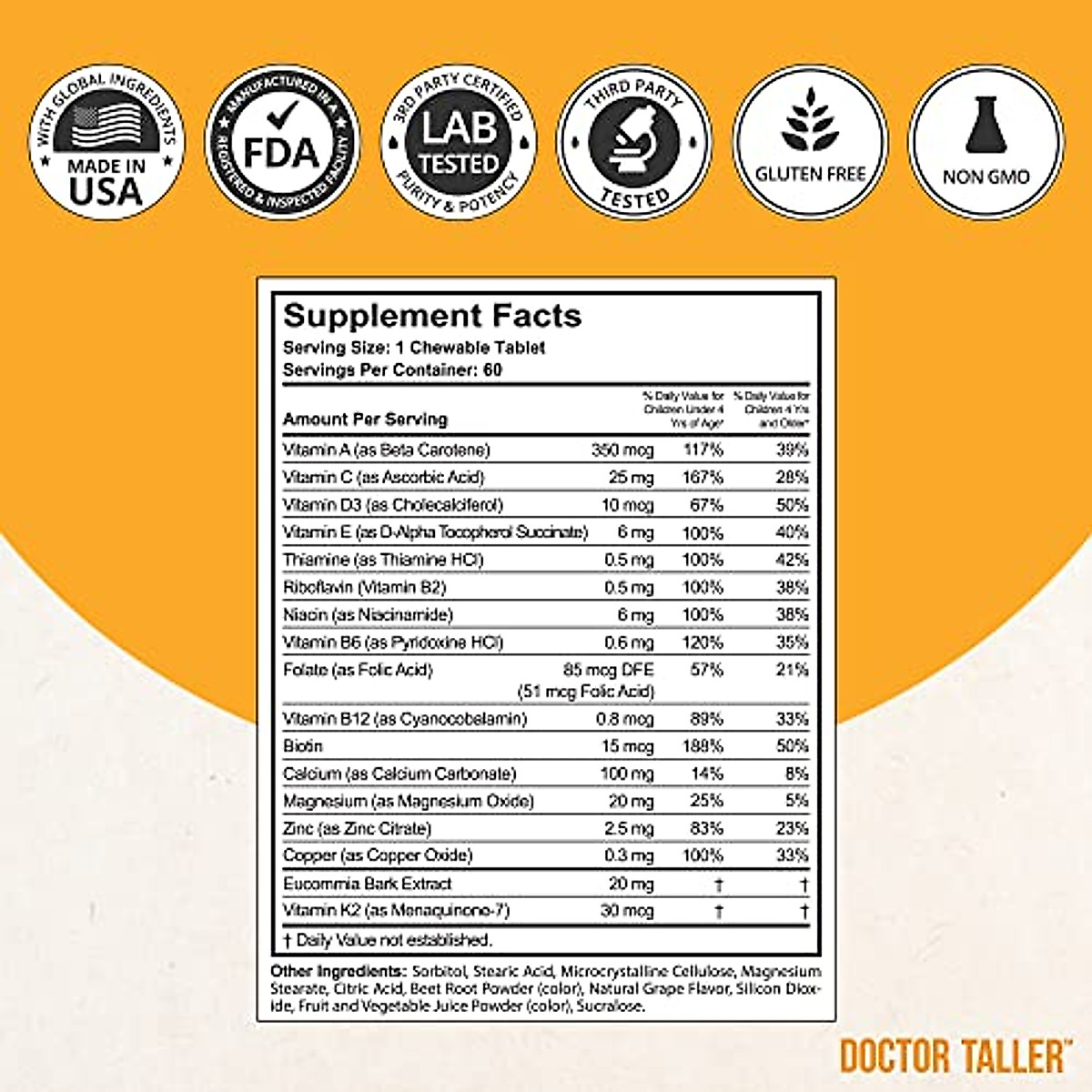 NuBest Doctor Taller Kids - Kids Multivitamins, Toddler Vitamins - Support Healthy, Immunity and Bone Strength for Ages 2 to 9 - Grape Flavor - 60 Vegan Chewable Tablets | 1 Month Supply