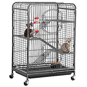 Yaheetech 37 inch Metal Cat Kitten Cage Small Animals Hutch w/ 2 Front Doors/Feeder/Wheels Indoor Outdoor,Black