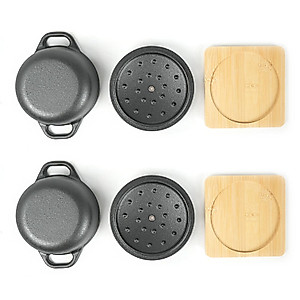 Pre-seasoned Cast Iron Mini Round Cocotte Set, 0.5QT Mini Dutch Ovens with Lids and Bamboo Trays, Dia.4.8 inch, Set of 2, Black