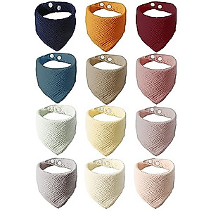 Muslin Bibs, 12 Pack Baby Bandana Bibs 100% Cotton, Absorbent Drool Bibs for Teething and Drooling, Unisex Solid Colors Muslin Bibs for Newborn Infant Baby Girl & Boy